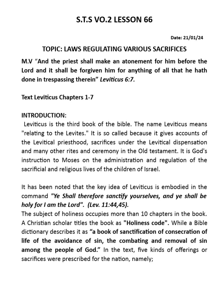 Sts Vol 2 Lesson 66 | PDF | Book Of Leviticus | Sacrifice