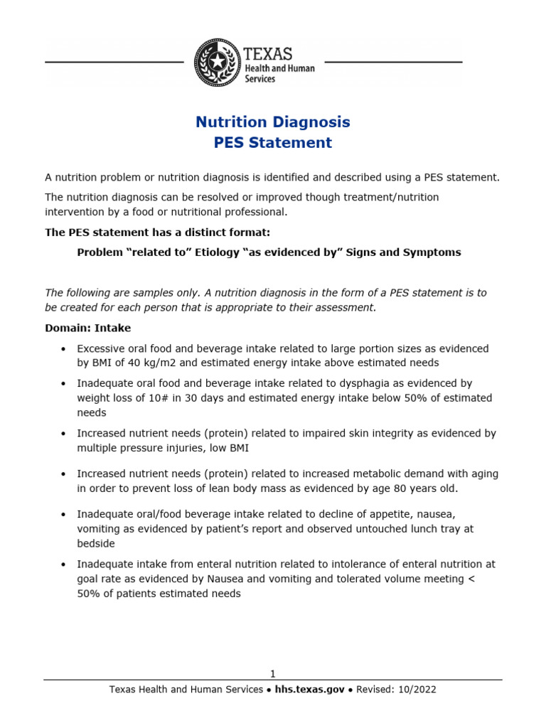 Nutrition Diagnosis Pes Statement | PDF | Nutrition | Diet & Nutrition