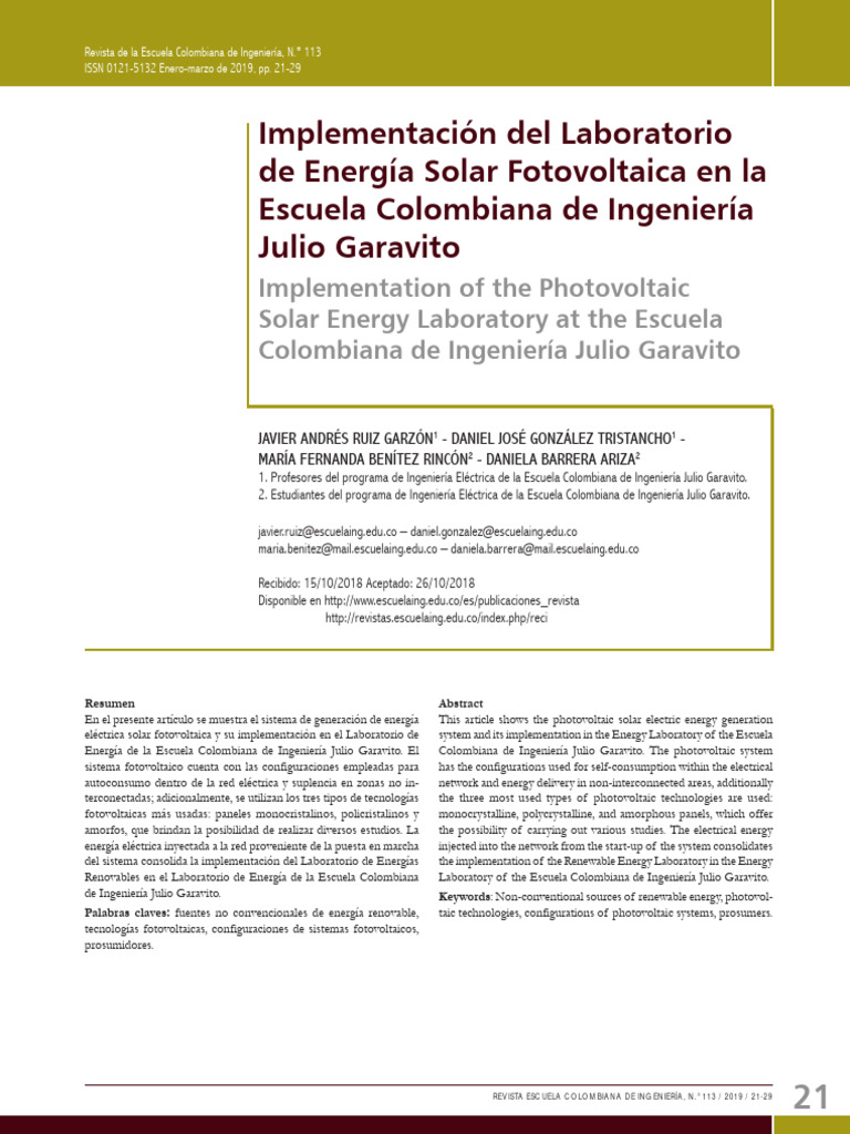 Inveseci Implementacin Del Laboratorio de Energa Solar Fotovoltaica en La Escuela Colombiana de ...