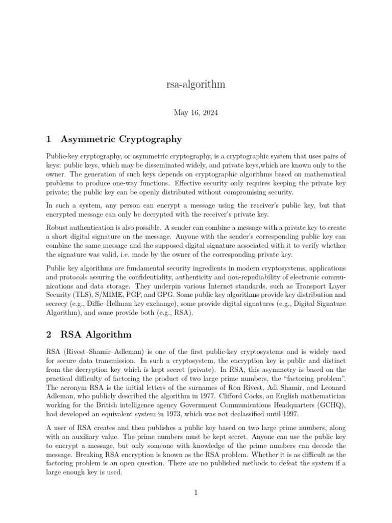 rsa-algorithm | PDF | Key (Cryptography) | Public Key Cryptography