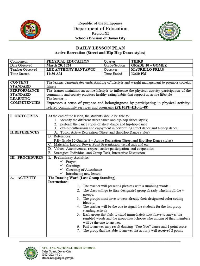 Bantawig Lesson Plan Pe Grade 10 3RD Quarter Very Final | PDF | Dances ...