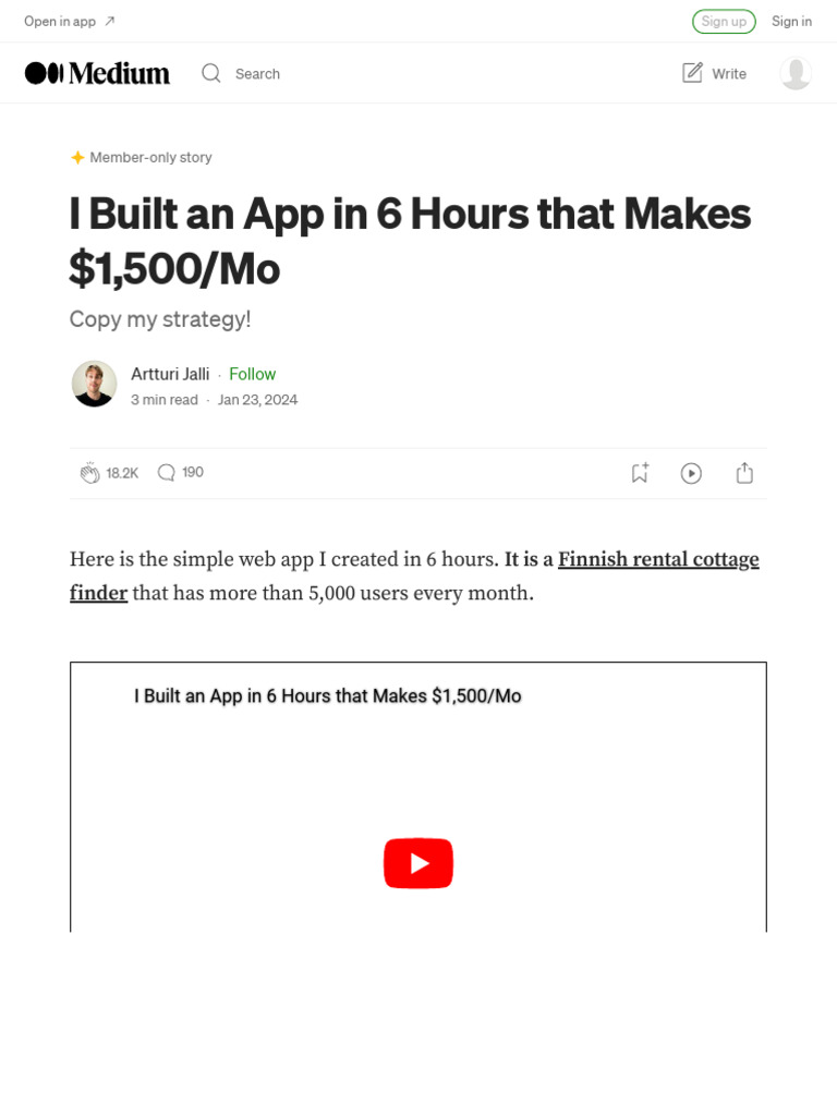 I Built An App in 6 Hours That Makes $1,500 - Mo - by Artturi Jalli ...