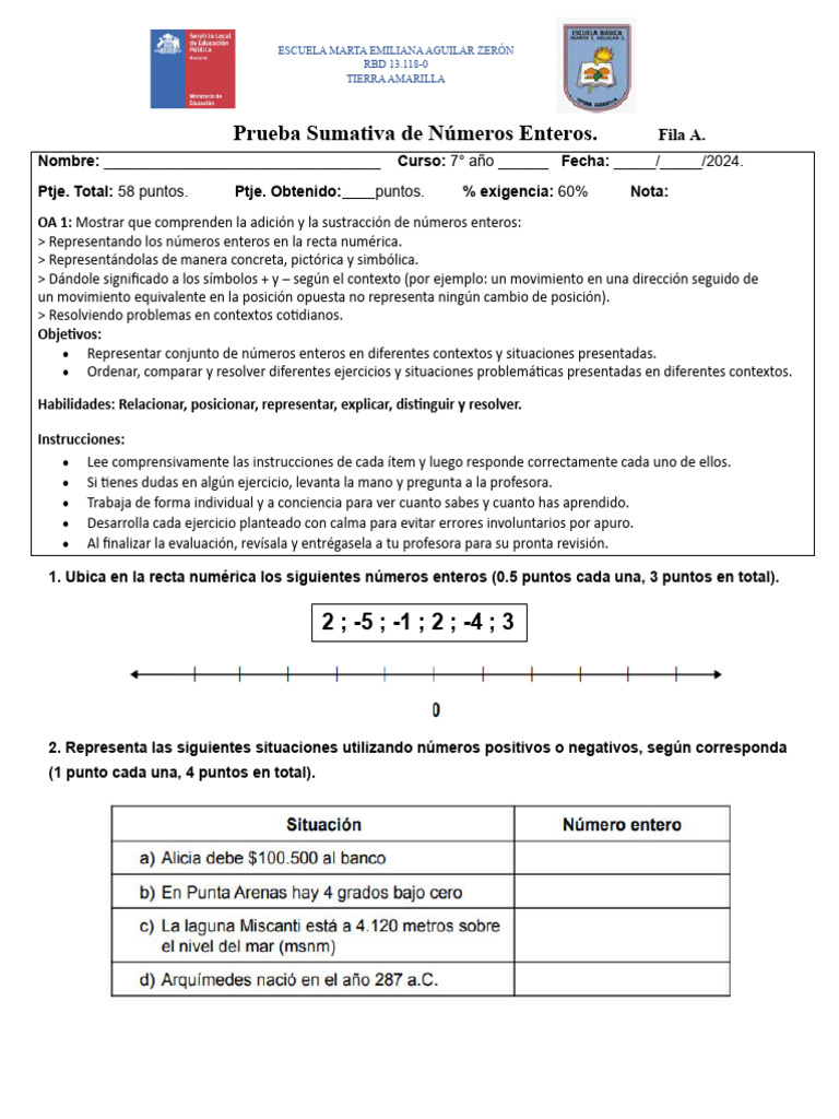 Prueba Sumativa de Números Enteros 7° Año Básico Fila A | PDF | Entero | Matemáticas