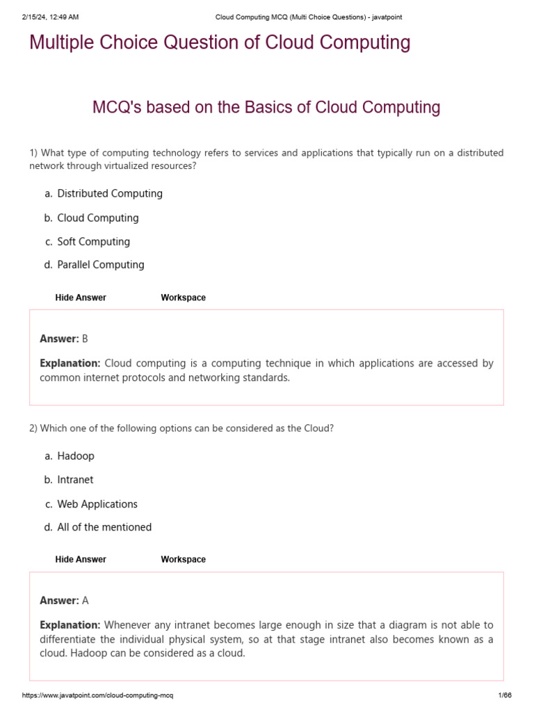 Cloud Computing MCQ (Multi Choice Questions) - Javatpoint | PDF | Cloud Computing | Software As ...