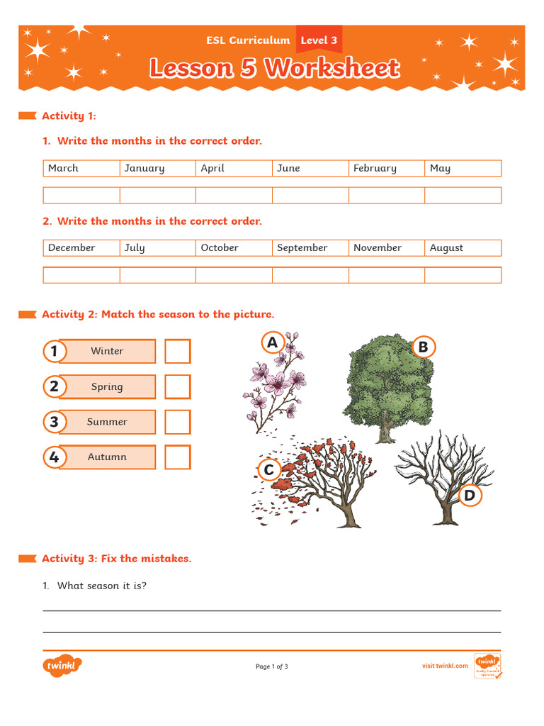 Lesson 5 Worksheet Lesson 5 Worksheet: Activity 1: 1. Write The Months in The Correct Order ...