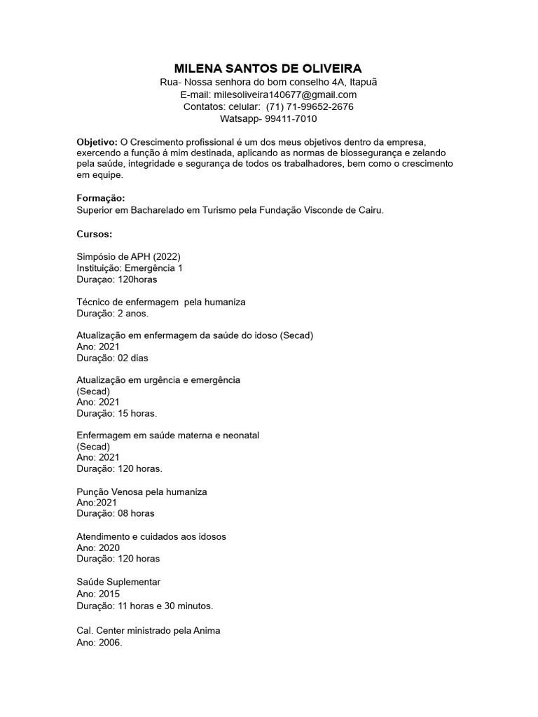 Currículo 2022 Atualizado Milena | PDF | Sistema de saúde