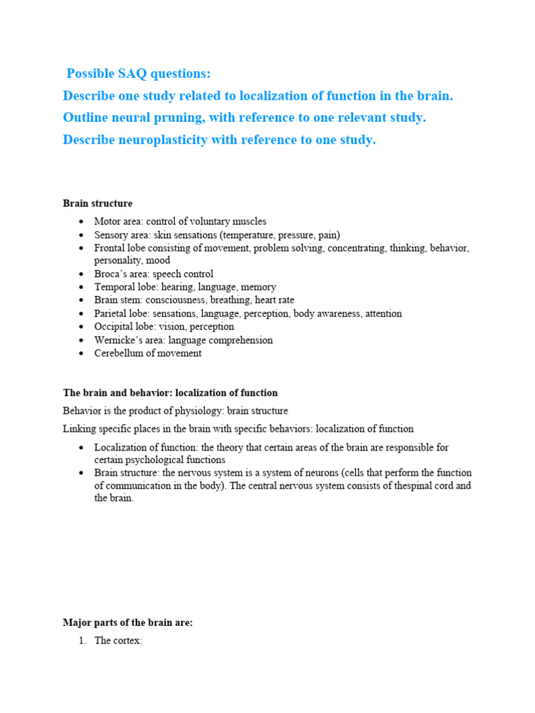 Possible SAQ questions | PDF | Brain | Memory