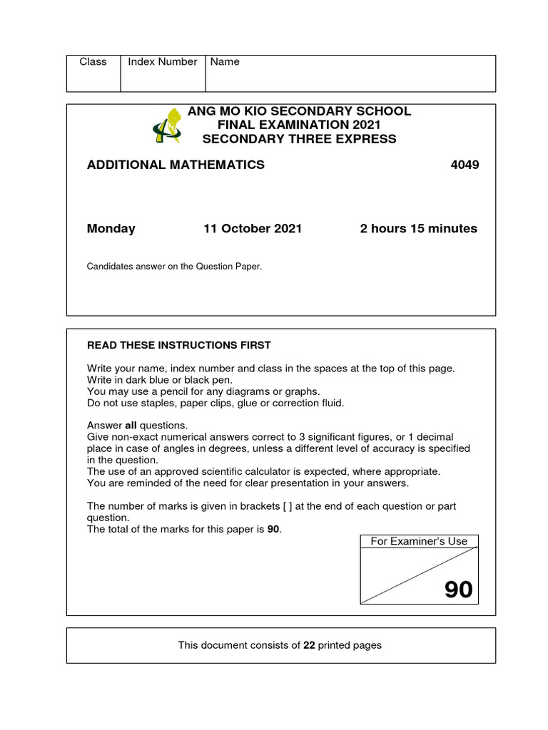 Sec 3 Exam: Additional Math Paper | PDF | Mathematical Analysis ...
