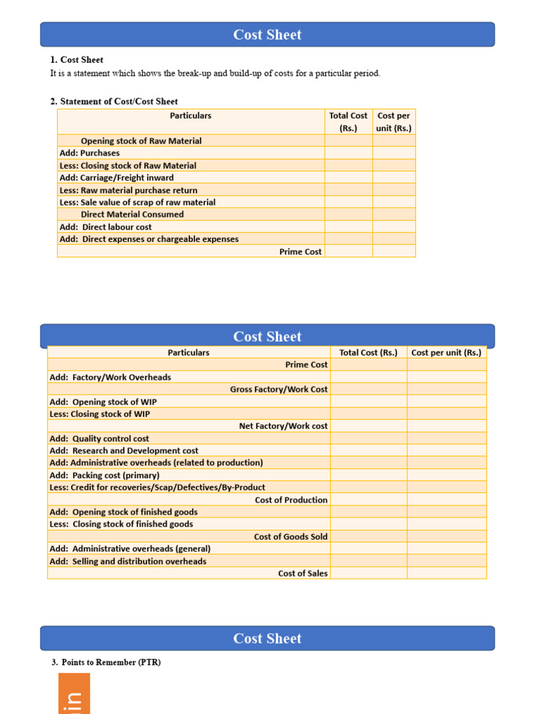 Cost Sheet | PDF | Cost Of Goods Sold | Cost