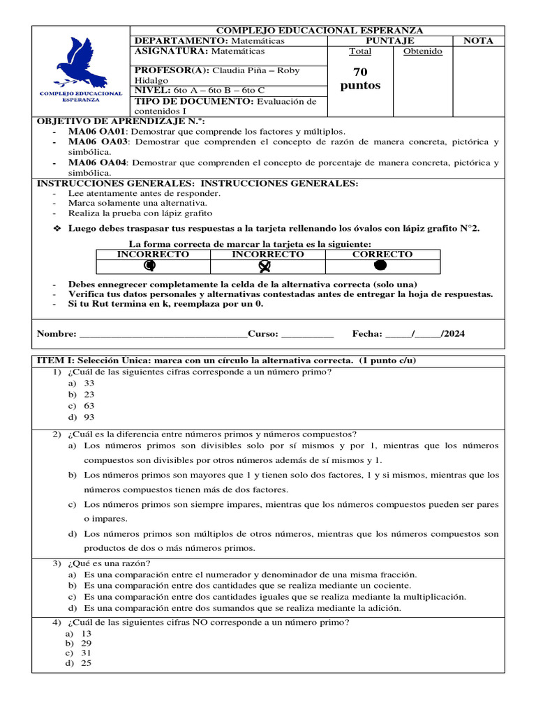 Prueba De Contenidos Matemáticas 6to Básico Pdf Aritmética