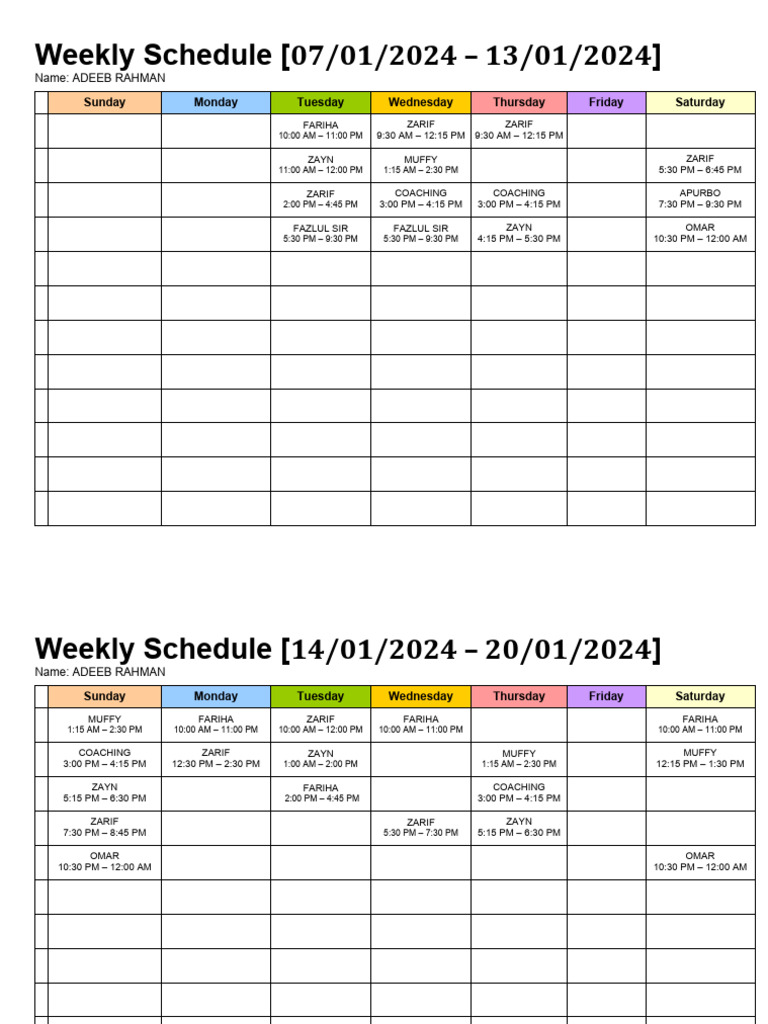 Weekly Work Schedule (Adeeb Rahman) | PDF