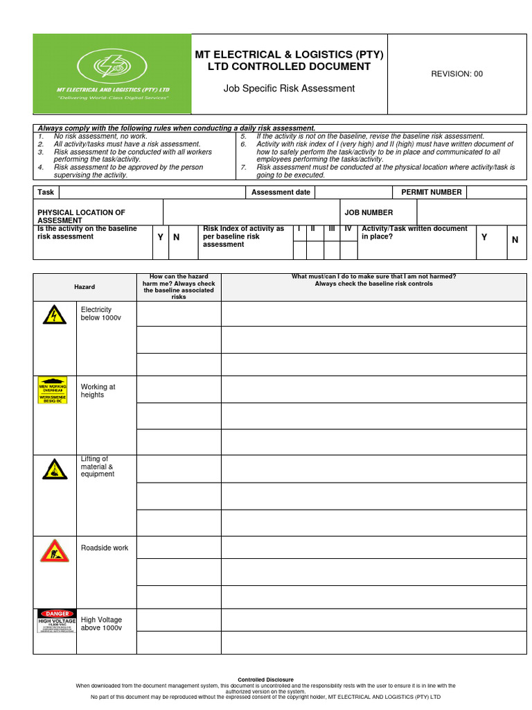 MT Electrical and Logistics (PTY) LTD - Risk Assessment Template - 1 ...