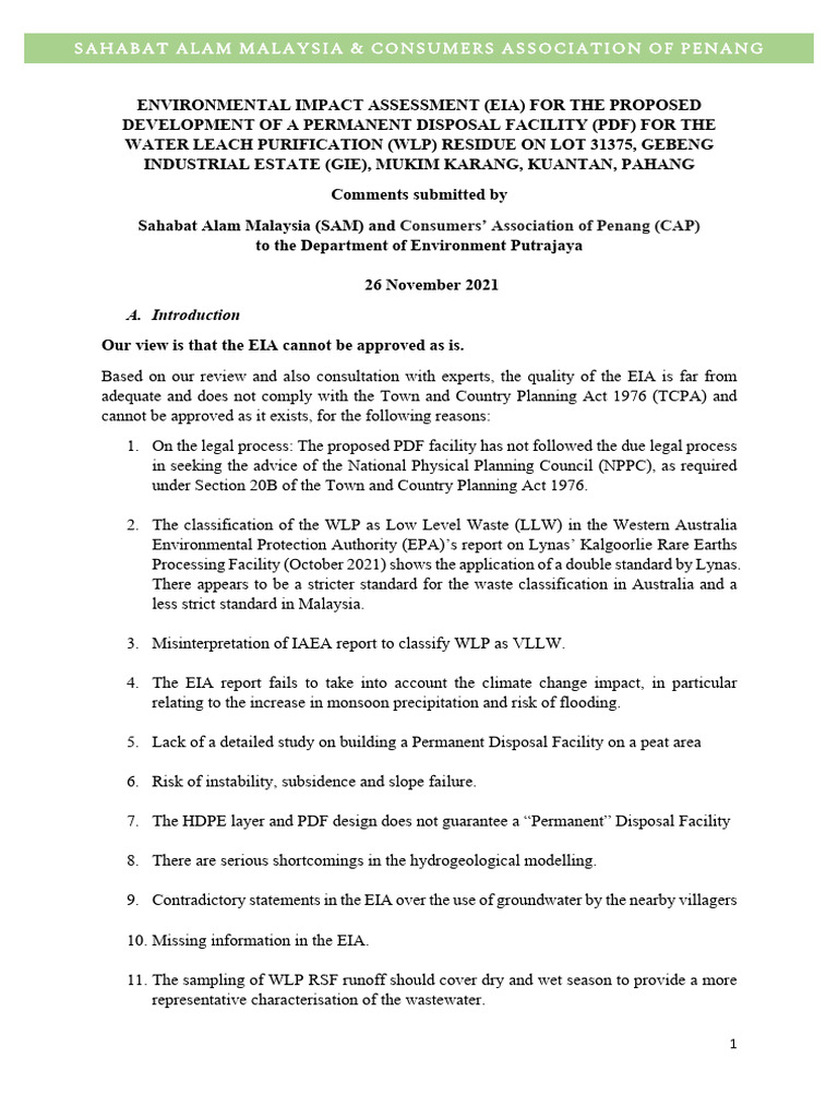 SAM CAP Comments Gading Senggara Lynas PDF Gebeng Final v2 | PDF ...