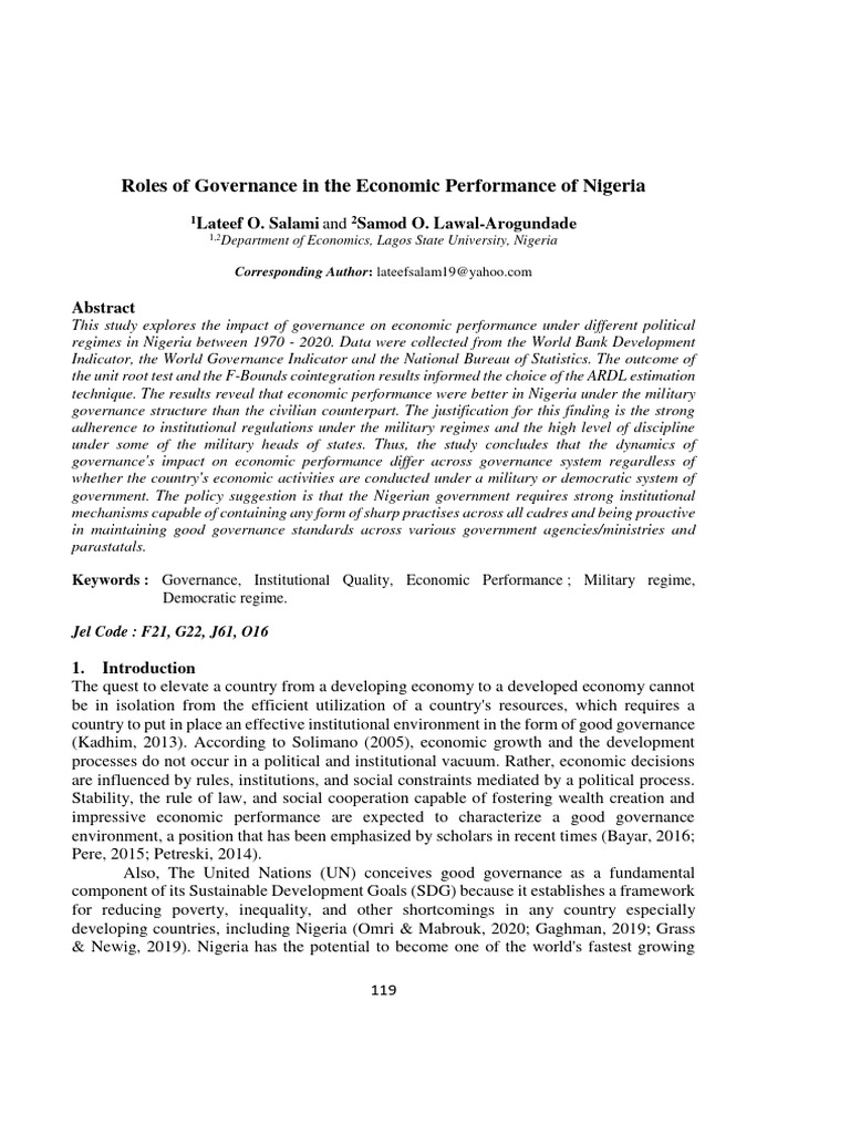 ROLES OF GOVERNANCE IN THE ECONOMIC PERFORMANCE OF NIGERIA by Lateef O ...
