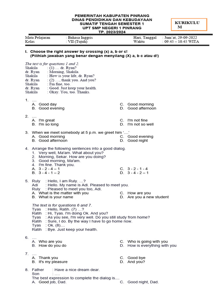 Soal Sumatif Tengah Semester 1 Kelas 1 Mapel Bahasa Inggris Dan Kunci Jawabannya | PDF | Health ...