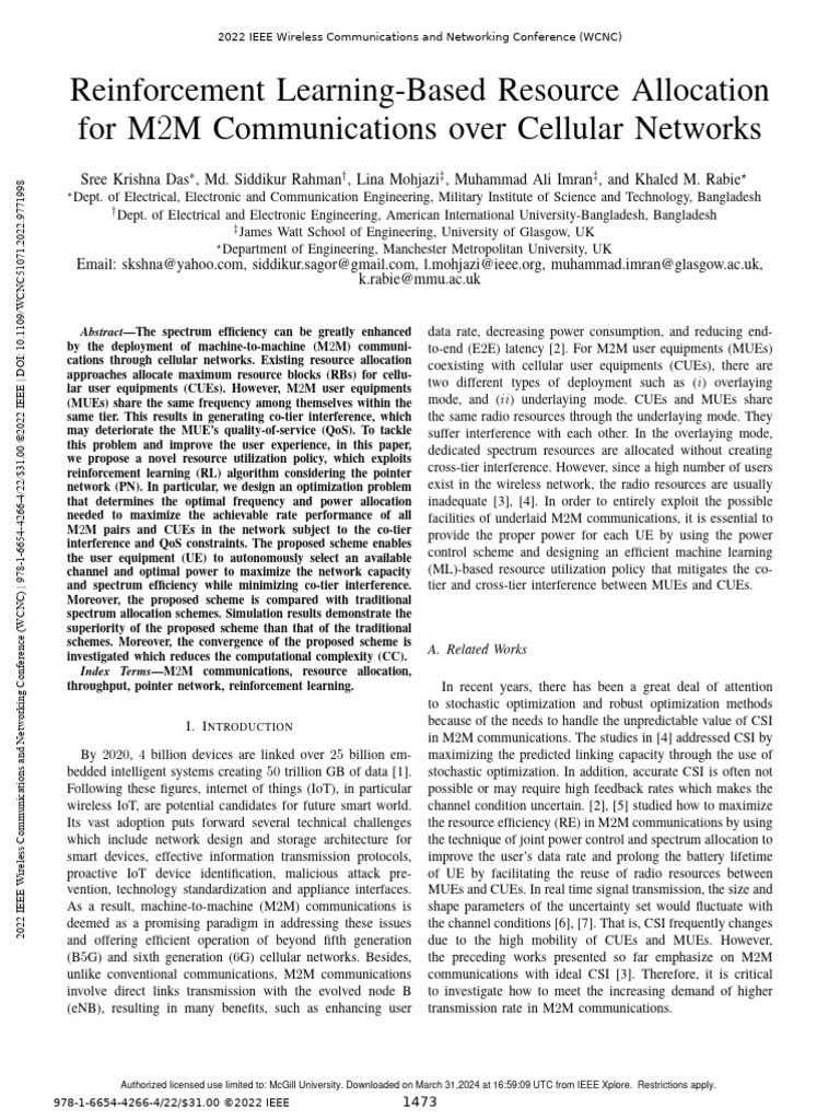 Reinforcement Learning Based Resource Allocation For M2m Communications