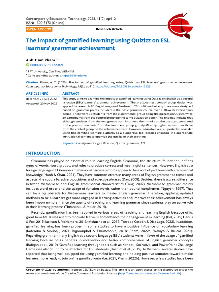 The Impact Of Gamified Learning Using Quizizz On Esl Learners Grammar Achievement 12923 Pdf