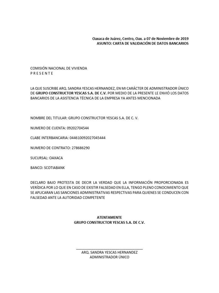 Carta de Validación de Datos Bancarios | PDF Carta de Validación de Datos Bancarios | PDF