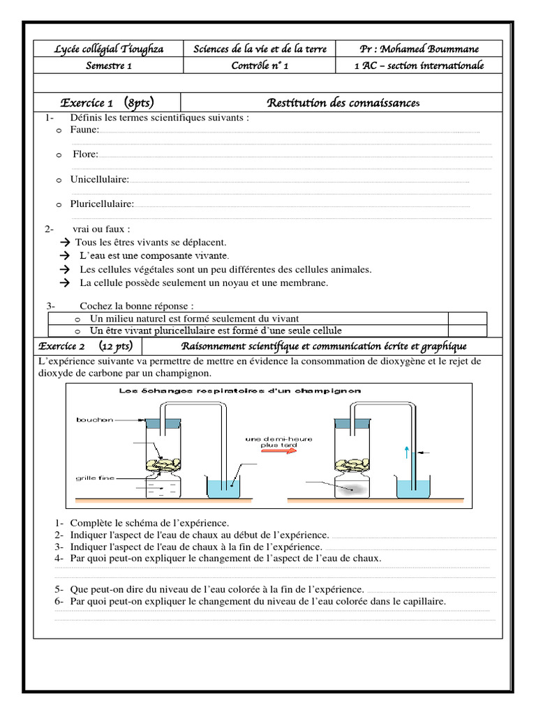 Contrôle SVT 1AC Semestre 1 | PDF | Eau | La nature