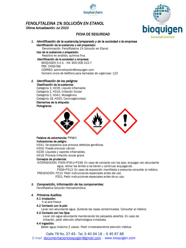 FDS - FENOLFTALEINA 1% SOLUCION EN ETANOL | PDF | Agua | Residuos