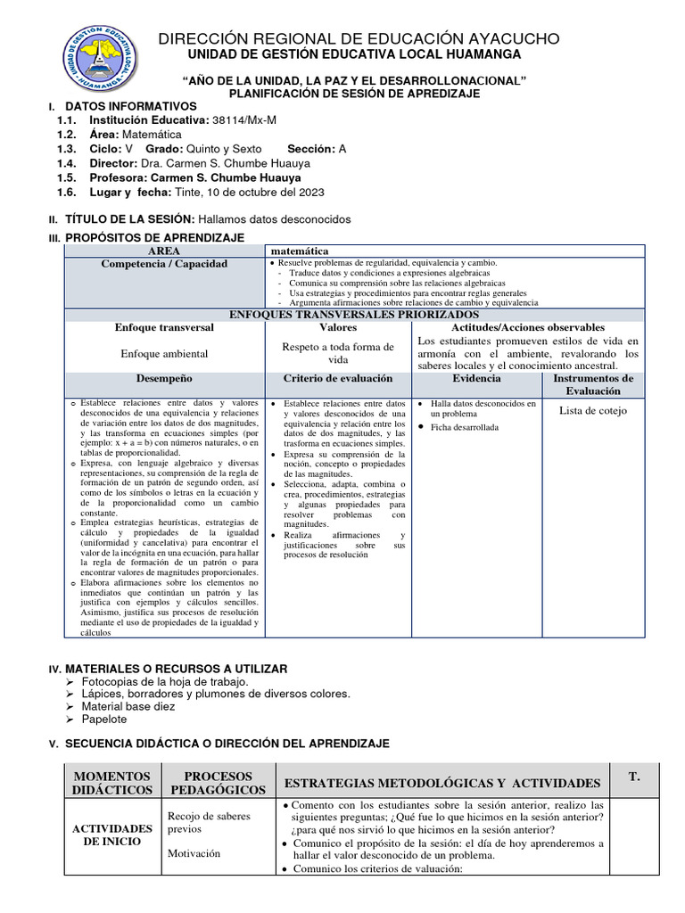 Sesion de Aprendizaje Matematica Cep Multigrado Tinte | PDF | Ecuaciones | Evaluación