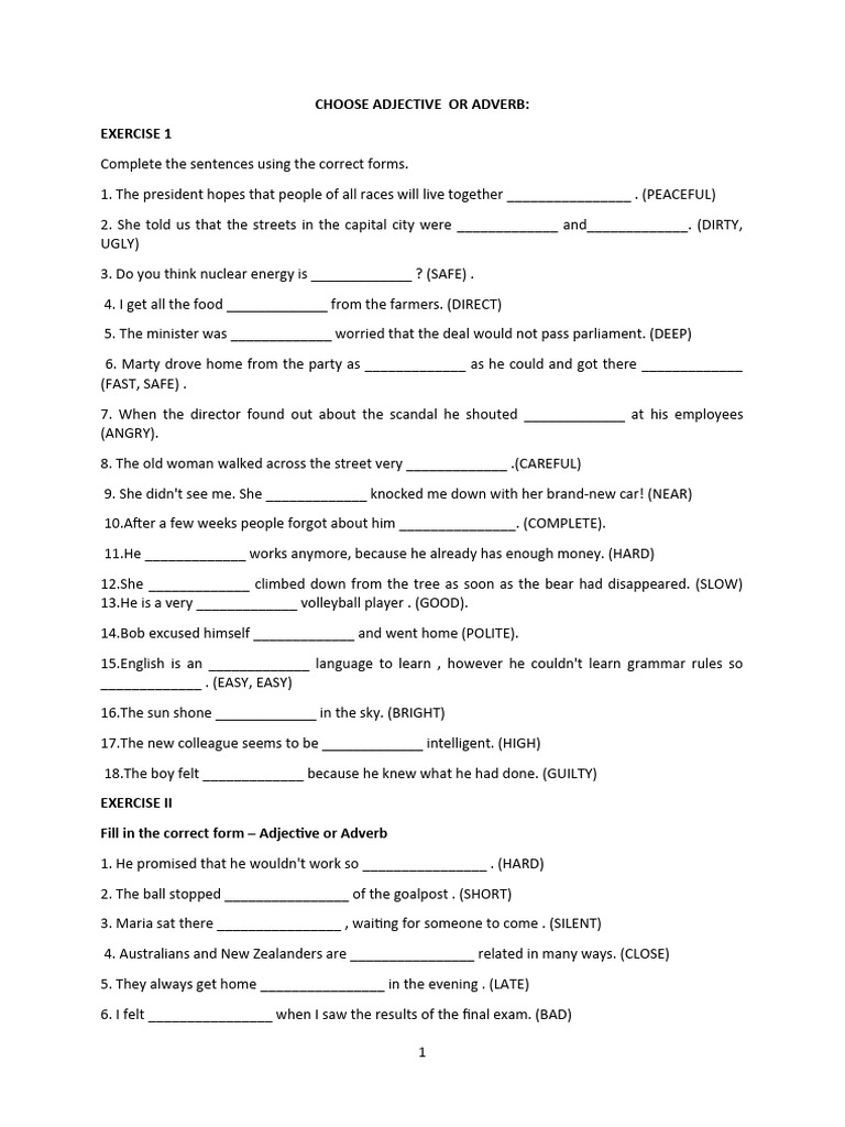 Adjective and Adverb Exercises PDF | PDF