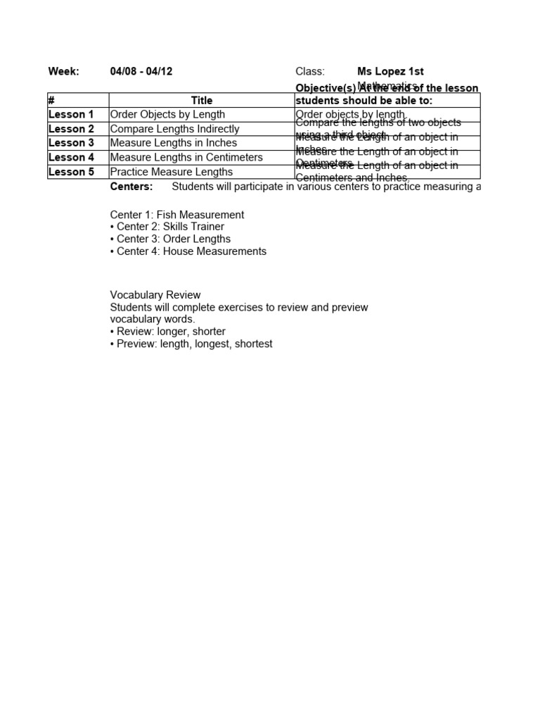 MR Barrios Lesson Plan April 8 To 12 | PDF | Foot (Unit) | Measurement
