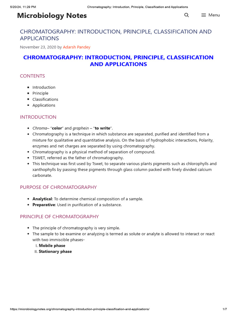 Chromatography - Introduction, Principle, Classification and Applications | PDF | Chromatography ...