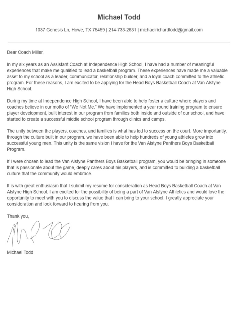 Michael Todd Van Alstyne Hs Cover Letter | PDF