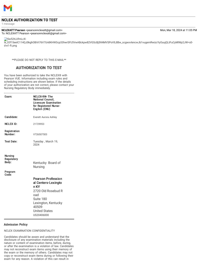 Gmail - NCLEX AUTHORIZATION TO TEST | PDF | National Council Licensure ...