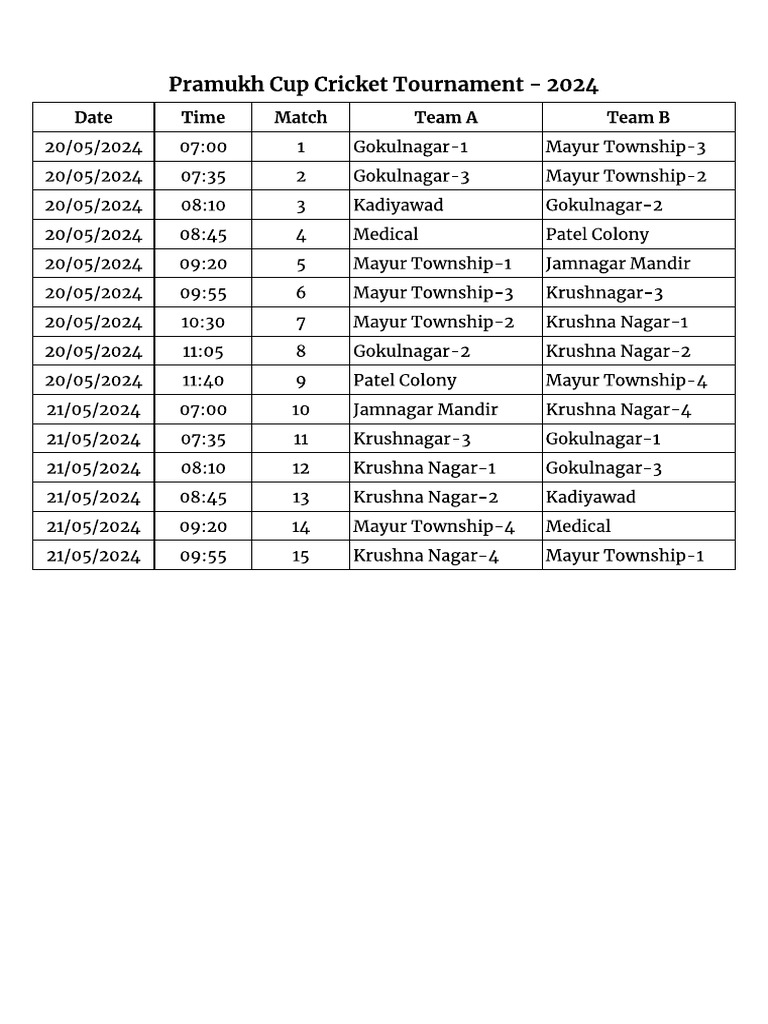 PCCT - 2024 Match Schedule | PDF