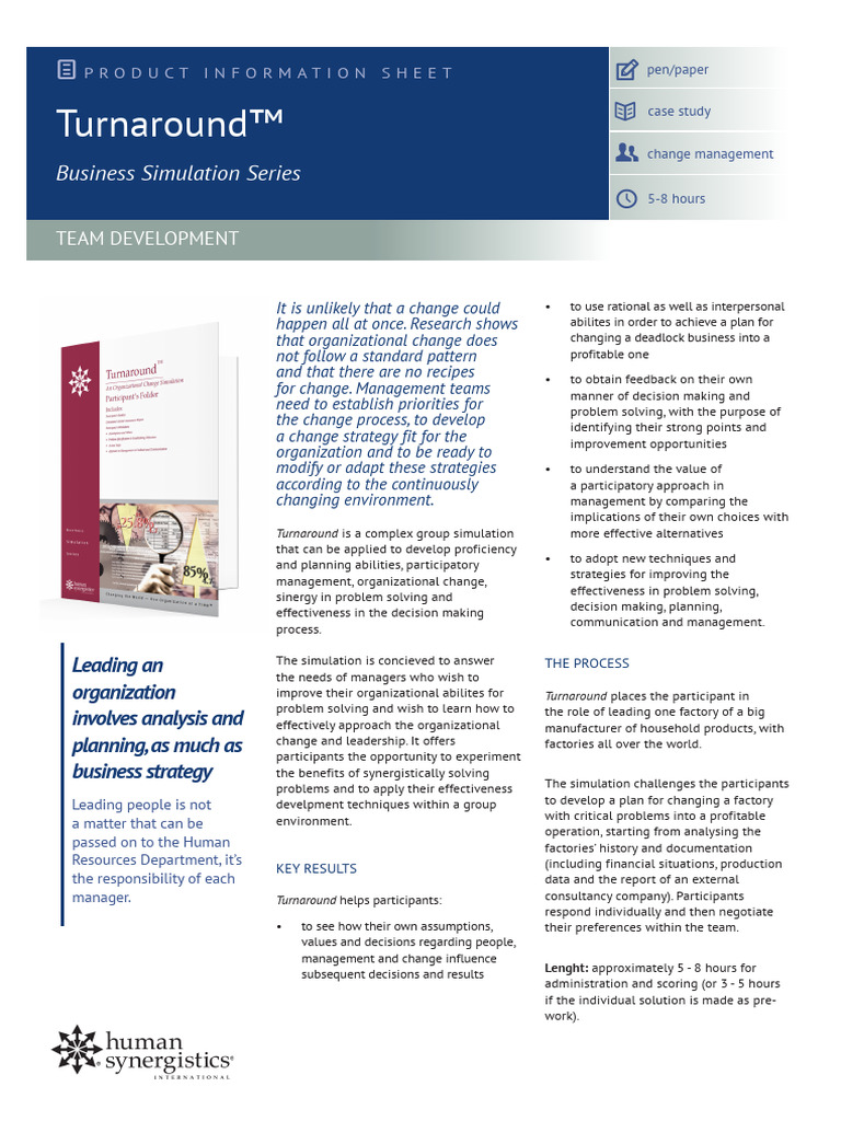 Product Information Sheet - Turnaround | PDF | Strategic Management | Simulation