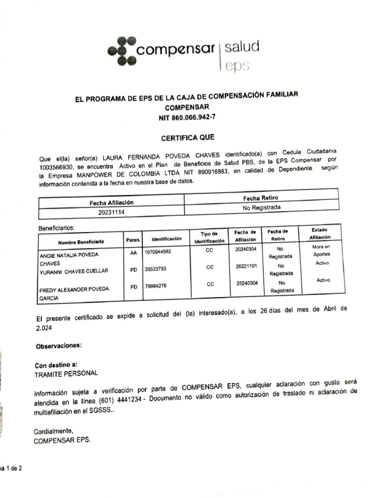 Certificado Eps | PDF