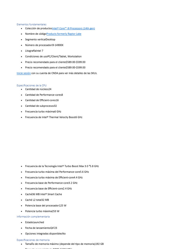 Especificaciones I9 14900K | PDF | Hardware de la computadora | Ingeniería Informática