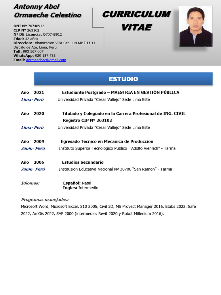 CV ANTONNY 2023 Completo | PDF | Perú | Documento de identidad