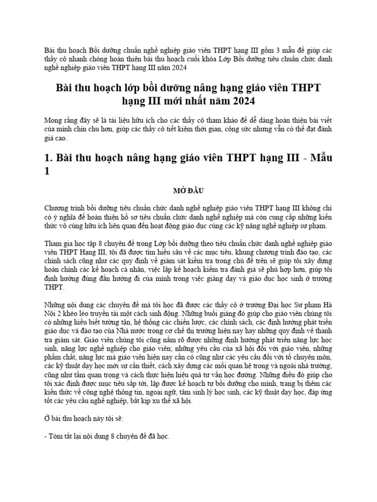 Bai Thu Hoach Boi Duong Chuc Danh Nghe Nghiep Giao Vien Hang Ba THPT | PDF