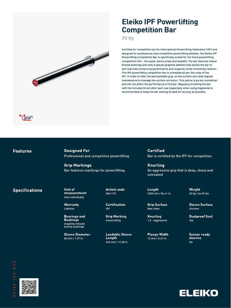 Product Sheet Eleiko Ipf Powerlifting Competition Bar 20 KG | PDF | Weight Training