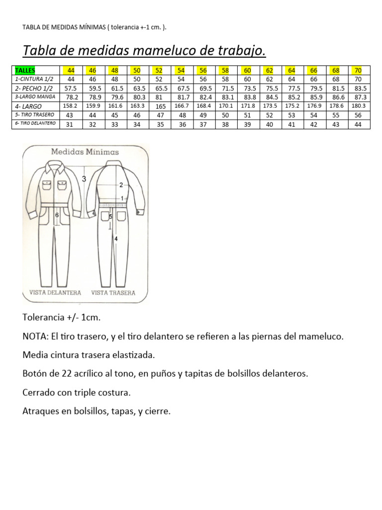 Tabla de Tallas para Mamelucos Adultos | PDF