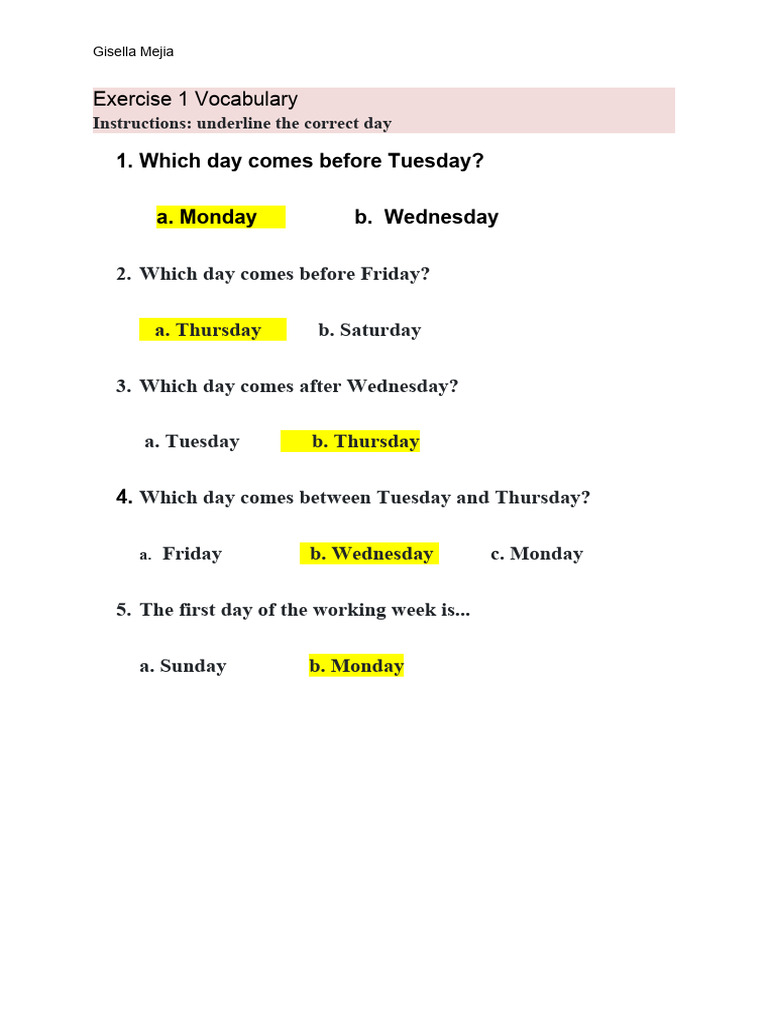 Days of the Week Vocabulary Quiz | PDF | Language Arts & Discipline