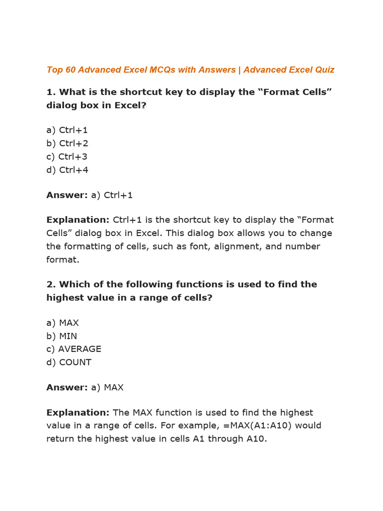 Top 60 Advanced Excel MCQs With Answers | PDF | Microsoft Excel | Standard Deviation