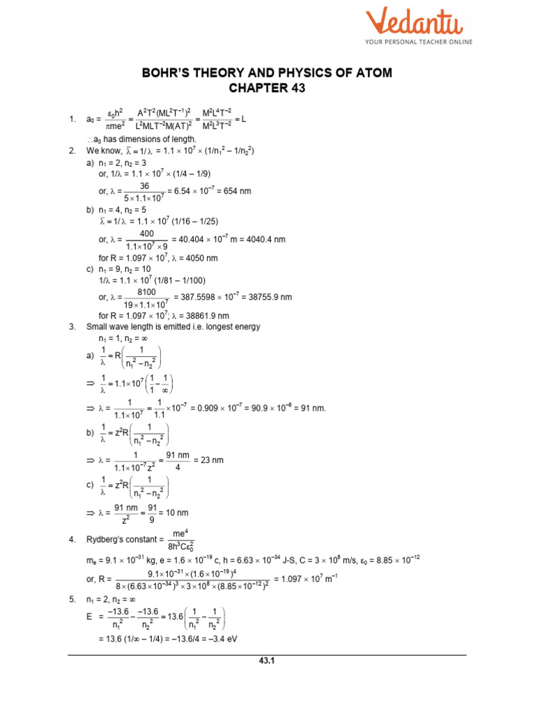 HC Verma Solutions Class 12 Chapter 43 - Bohr's Model and Physics of Atom | PDF | Electronvolt ...
