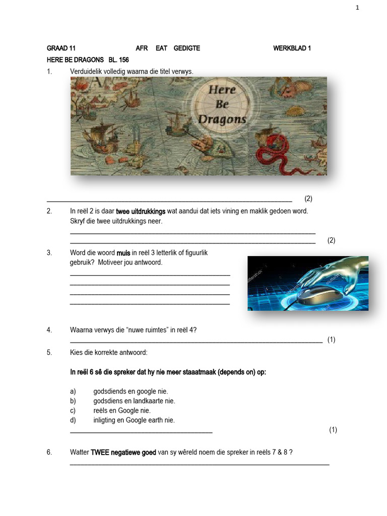 GR 11 AFR EAT GEDIGTE WERKBLAD 1 Here Be Dragons | PDF