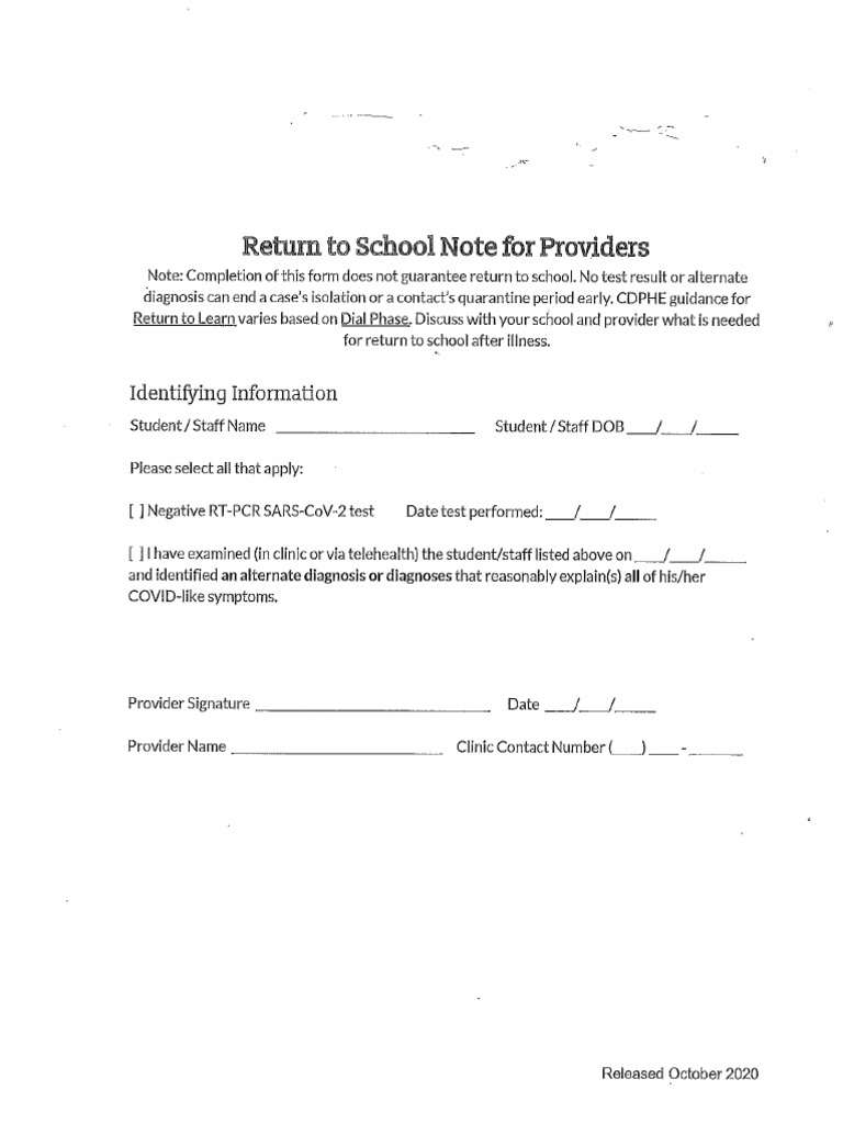 Return To School Note For Provides | PDF