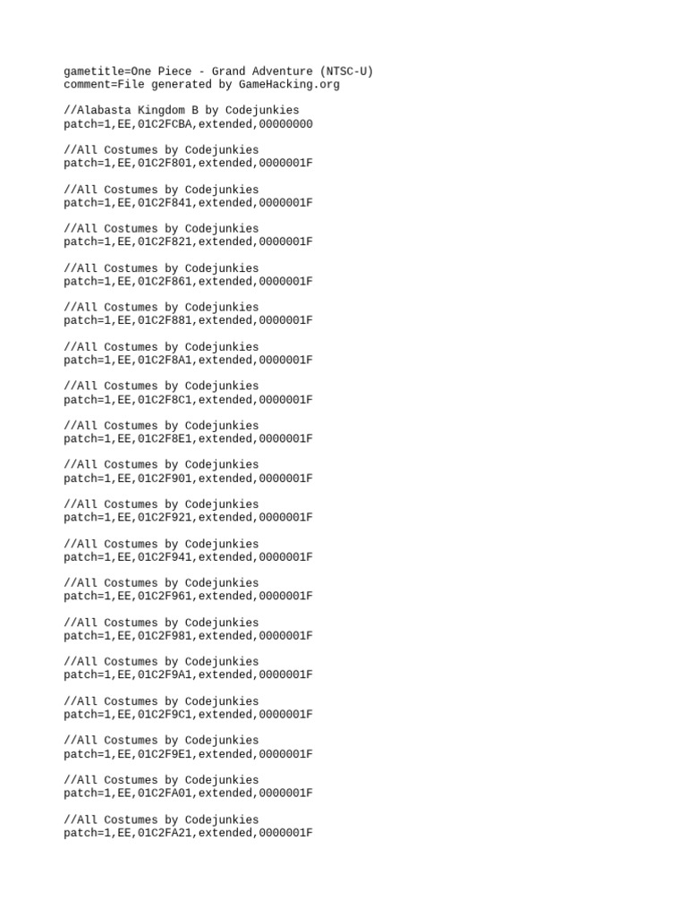 One Piece Grand Adventure Cheat Codes | PDF | Technology & Engineering