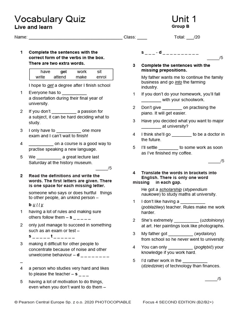 Focus4 2E Vocabulary Quiz Unit1 GroupB 2kol | PDF | Linguistics | Syntax