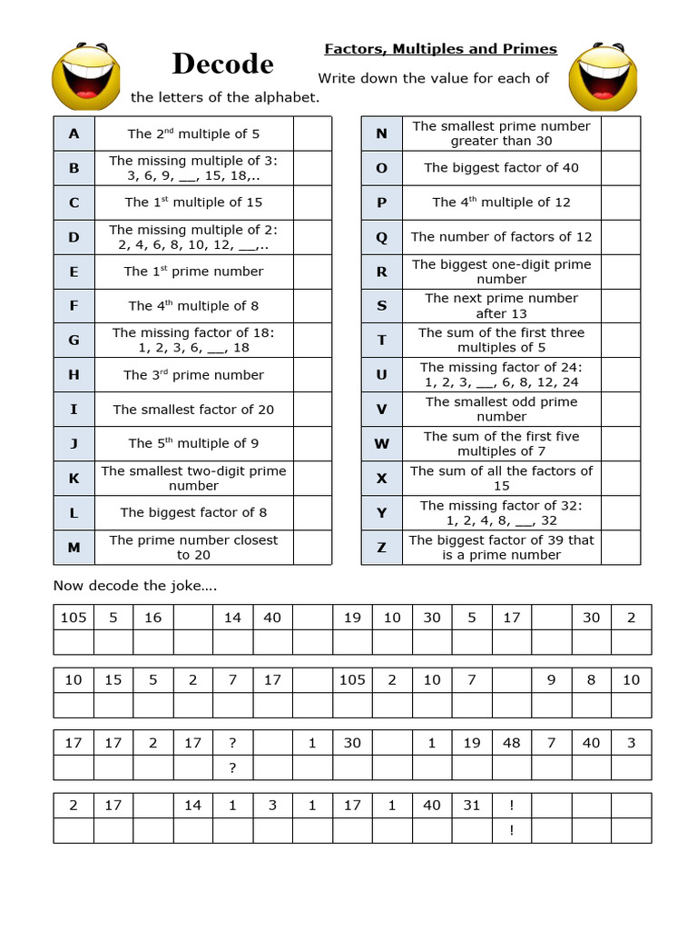 Factors Multiples and Primes Decode The Joke | PDF | Prime Number | Number Theory