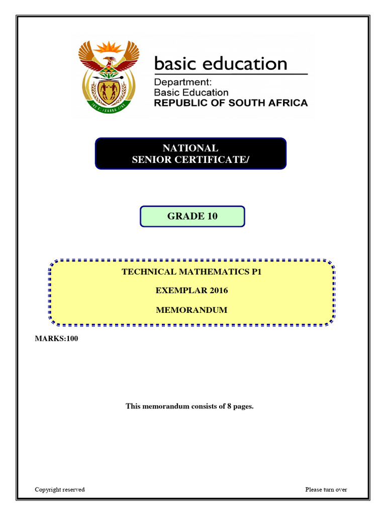 Technical Mathematics P1 Grade 10 Exemplar Eng Memo | Download Free PDF ...