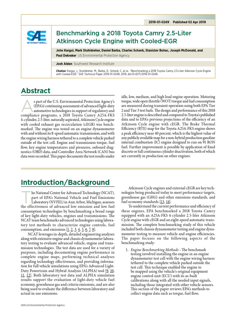 Benchmarking A 2018 Toyota Camry 2.5-Liter Atkinson Cycle Engine With Cooled-EGR | PDF | Engines ...