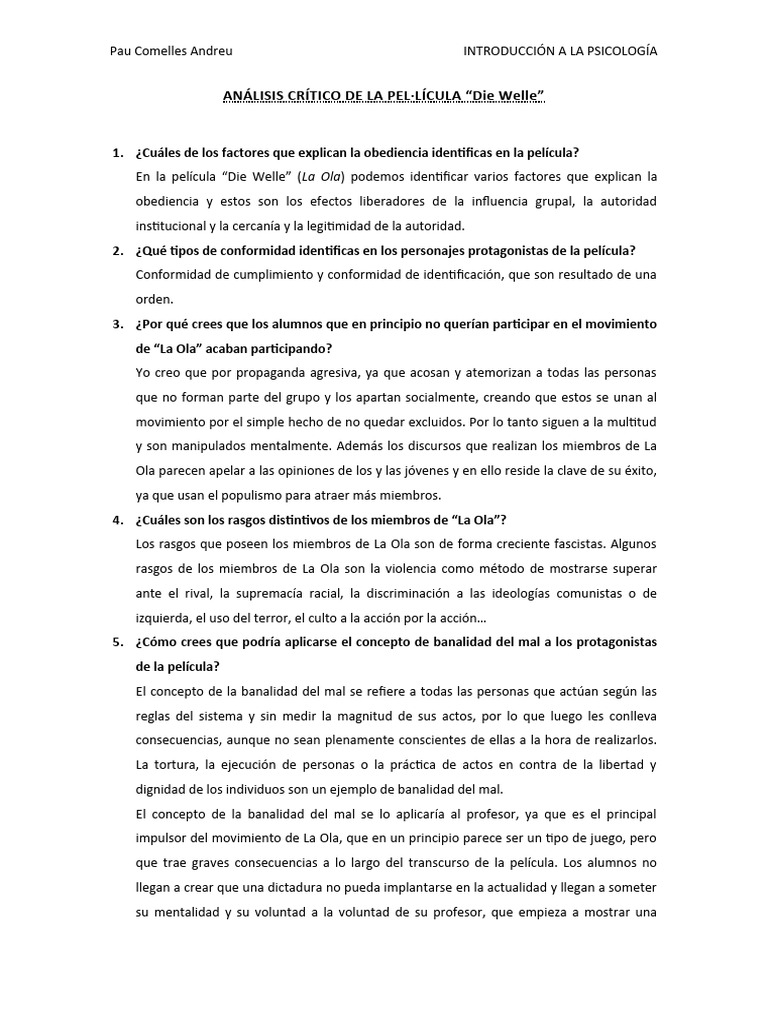 ANÃ LISIS CRÃ TICO La Ola - Pau Comelles Andreu | PDF | Fascismo | Dictadura