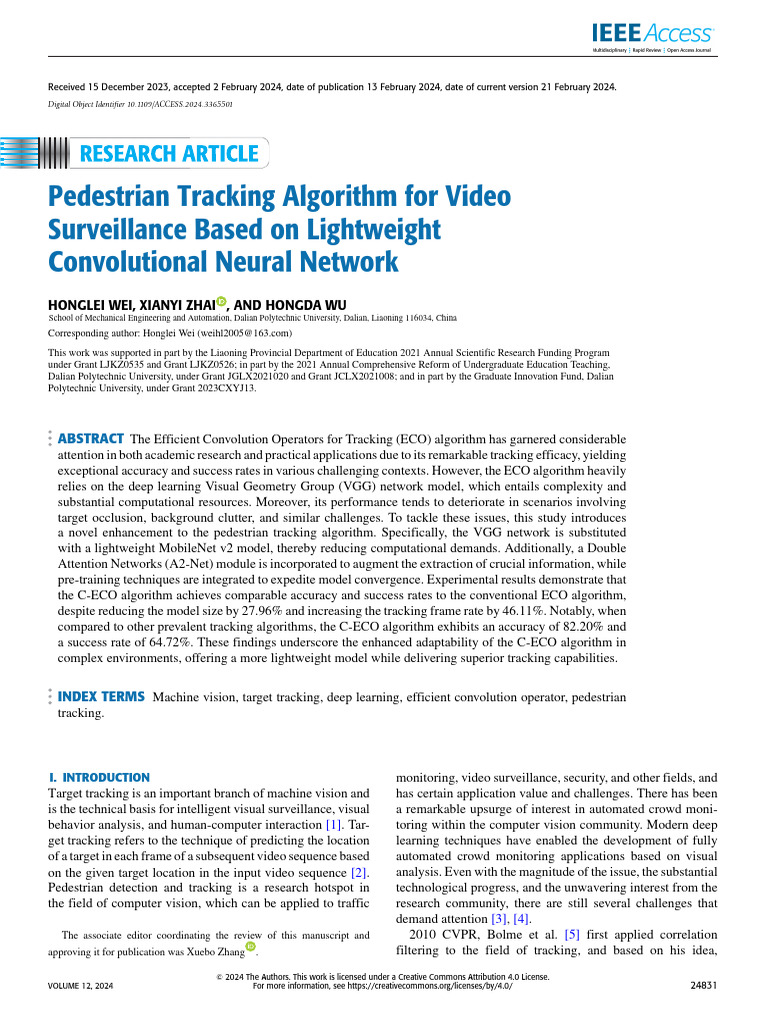 Pedestrian Tracking Algorithm For Video Surveillance Based On Lightweight Convolutional Neural
